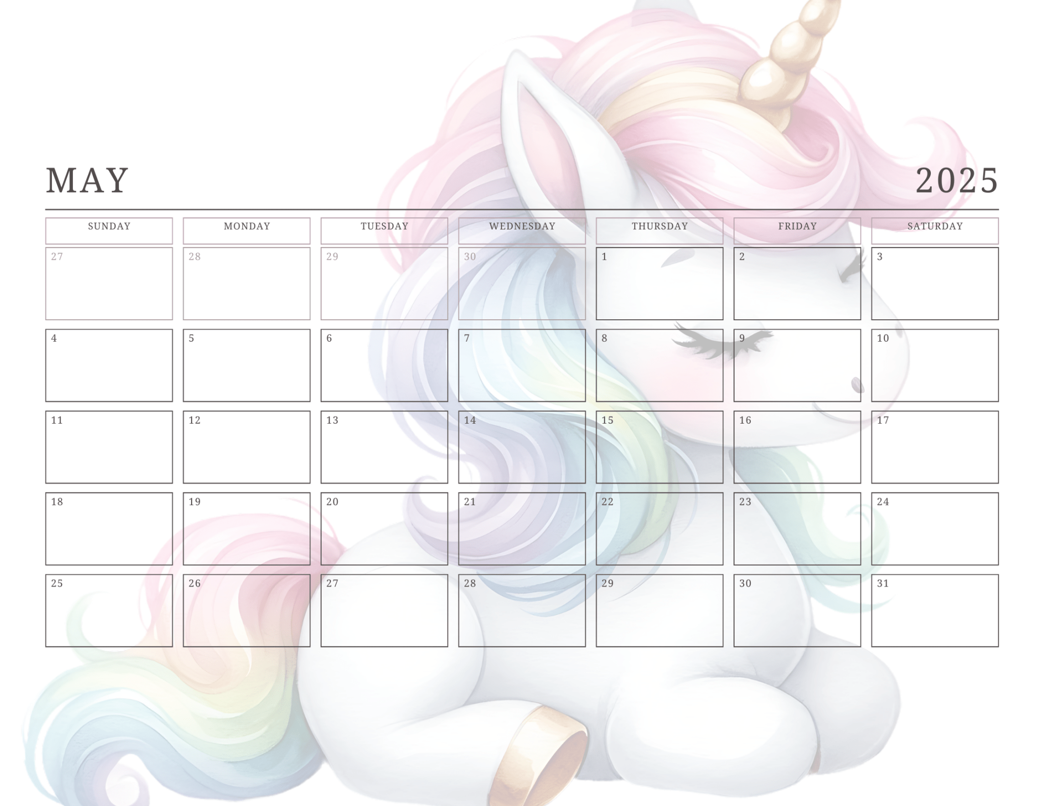 Unicorn 2025 Monthly Calendar- Digital Download – DS Artwork N Design